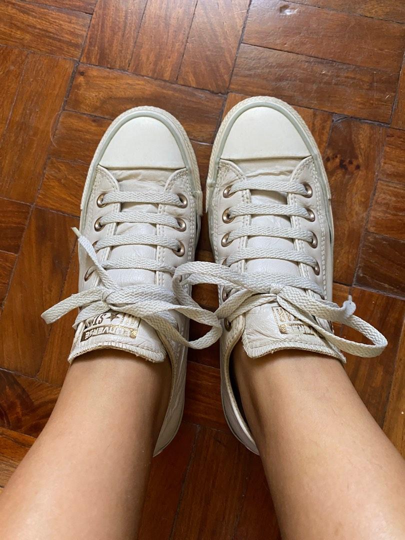 Converse Nude Leather Ankle Cut Sneakers, Women's Fashion, Footwear ...