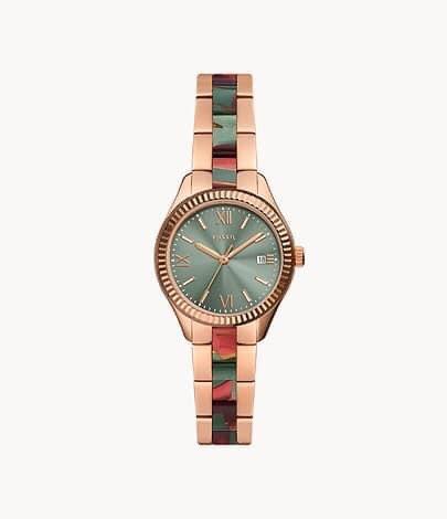 FOSSIL Rye Automatic Rose Gold-Tone Stainless Steel and Acetate Watch ...
