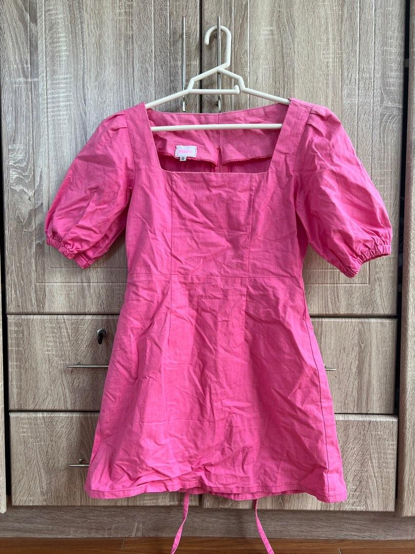 SUZY CLOTHING - puffed sleeves pink linen dress, Women's Fashion ...