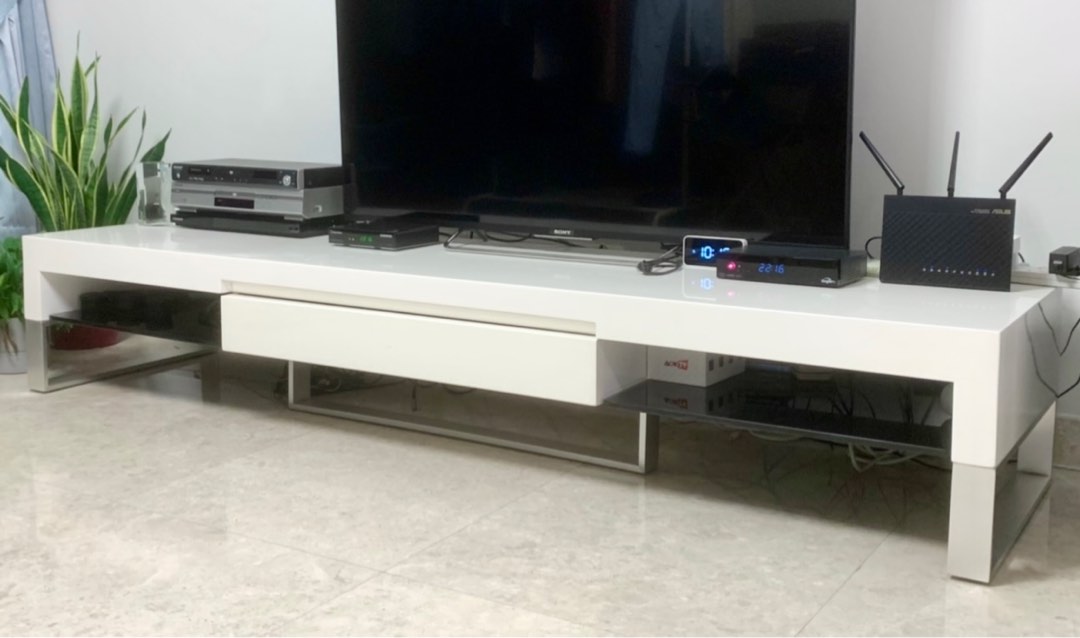 White glossy TV console with stainless steel legs, Furniture & Home ...