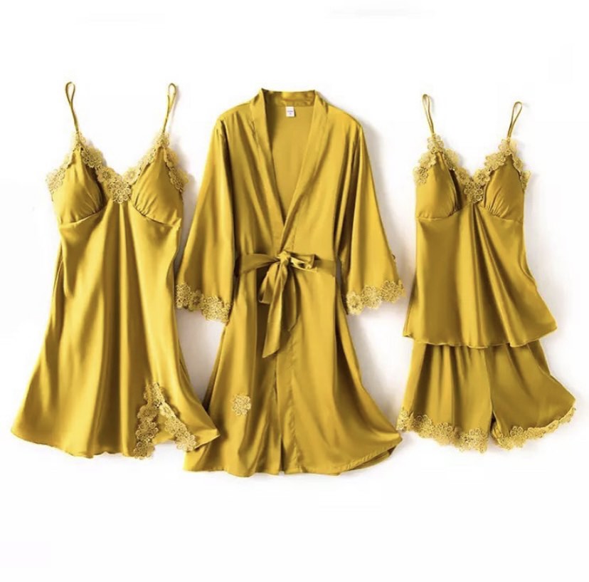 HQ 4-pc Brand New Silk Bridal Bridesmaid Slip Dress Robe Set Mustard ...