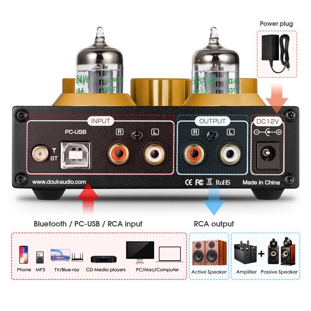 Douk Audio P1 JAN5654 Valve Tube Preamp Bluetooth 5.0 Bass Preamplifier Stereo Audio Headphone ...