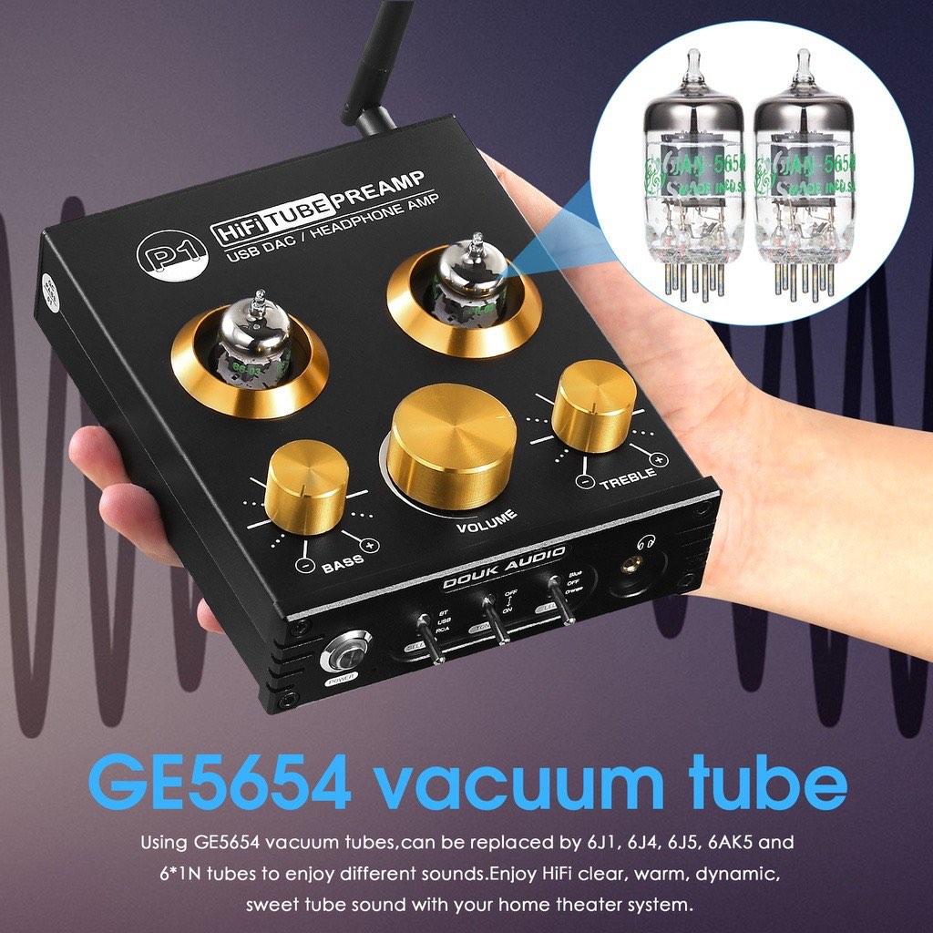 Douk Audio P1 JAN5654 Valve Tube Preamp Bluetooth 5.0 Bass Preamplifier Stereo Audio Headphone ...