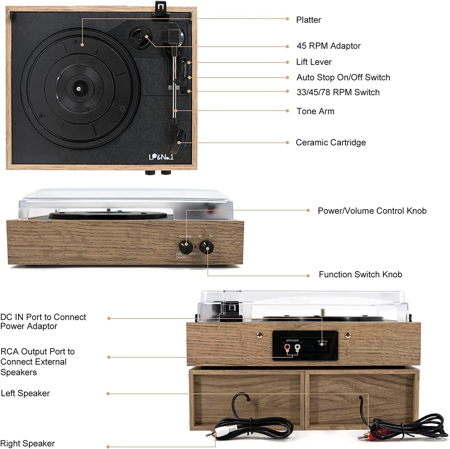 LP&No.1 Bluetooth Turntable Hi-fi System with Bookshelf Speakers, 3 ...