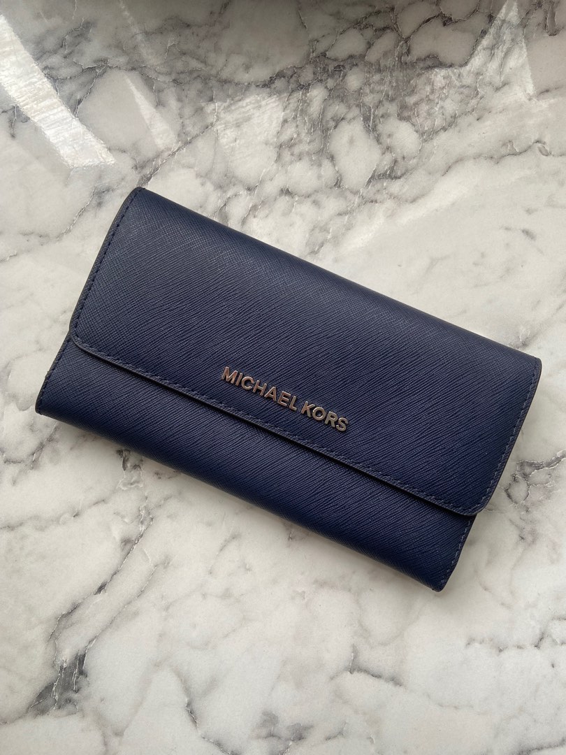 Michael Kors Navy Long Wallet, Luxury, Bags & Wallets on Carousell