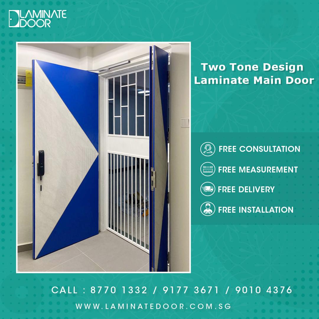 4 X 7ft HDB Main Door Two Tone Design Door (White & Blue), Furniture ...