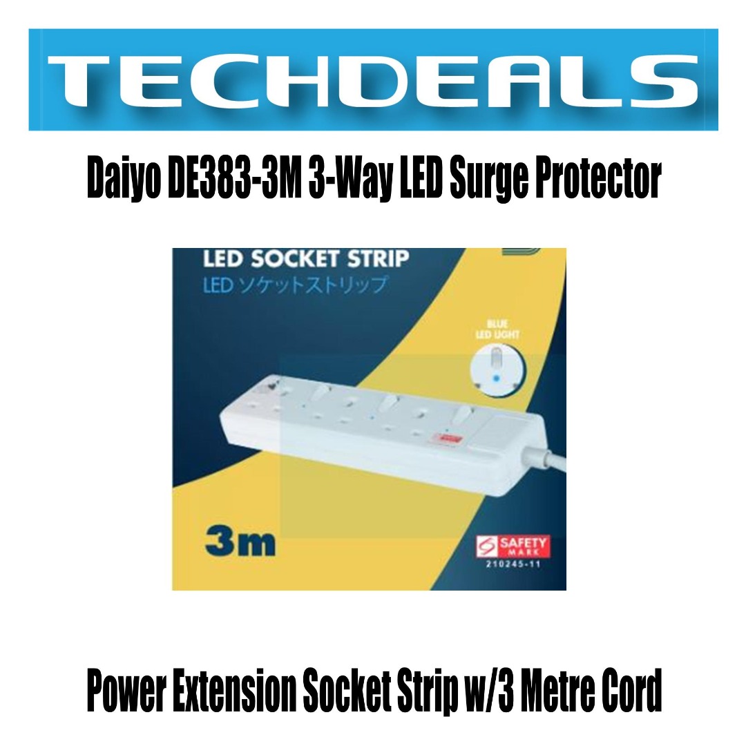Daiyo DE383-3M 3-Way LED Surge Protector Power Extension Socket Strip w ...