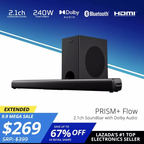 PRISM+ Flow 2.1ch Soundbar with Dolby Audio | 240W | Wireless Subwoofer ...