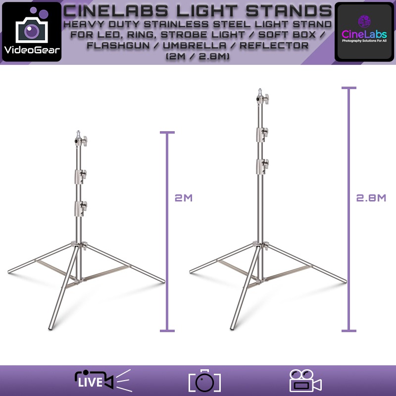 CineLabs 2m / 2.8m Heavy Duty Stainless Steel Light Stands For Led ...