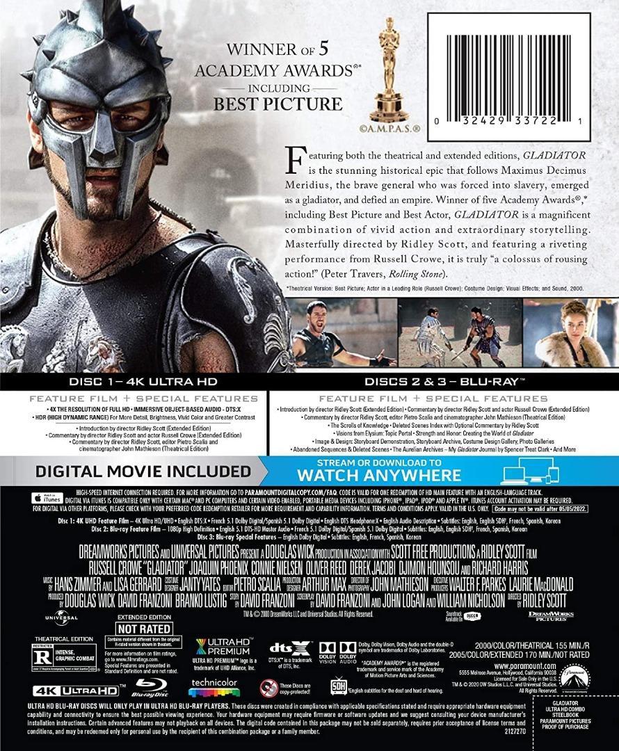 Gladiator (4K UHD + Blu-ray + Digital / Steelbook) Steelbook, Hobbies & Toys, Music & Media, CDs ...