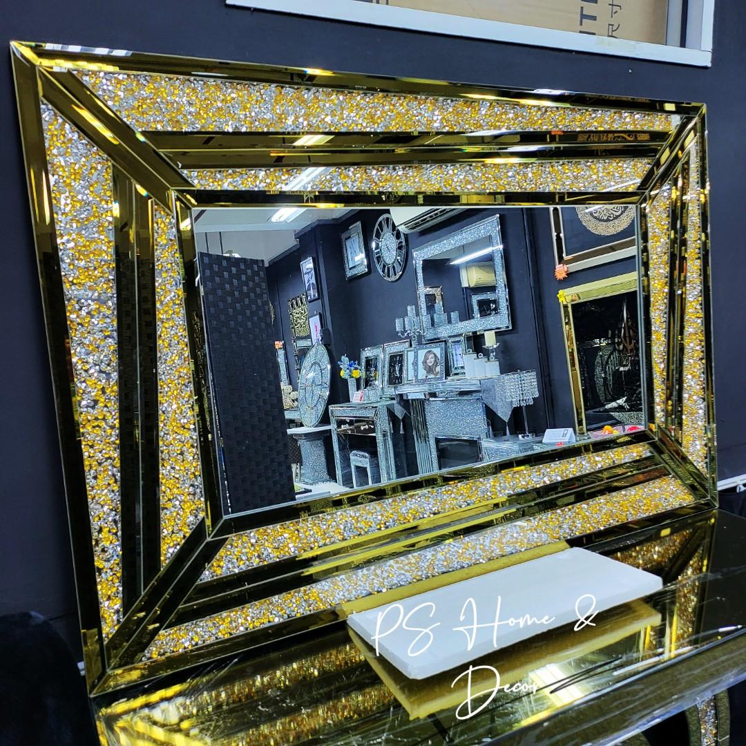 [Preorder] Beautiful Crushed Diamond Wall Mirror Gold, Furniture & Home ...
