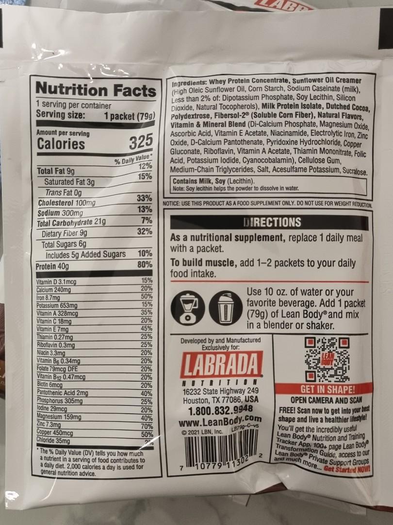Labrada Lean Body Protein Shake 79g Single Serve 11 packets - Chocolate ...