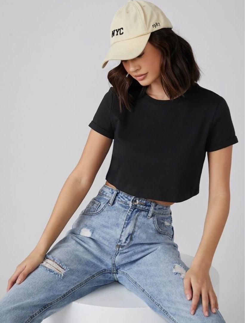 Plain Black Basic Crop Top Tee Shirt, Women's Fashion, Tops, Other Tops ...