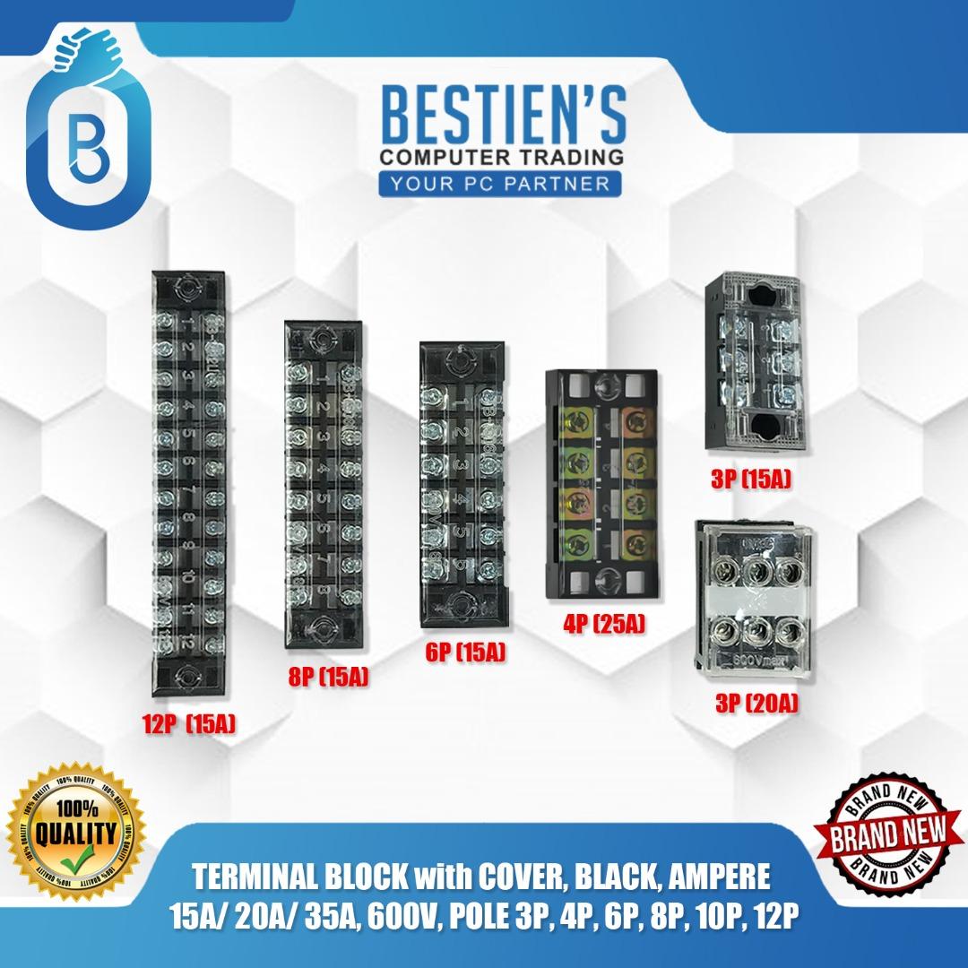 TERMINAL BLOCK with COVER, BLACK, AMPERE 15A/ 20A/ 35A, 600V, POLE 3P ...