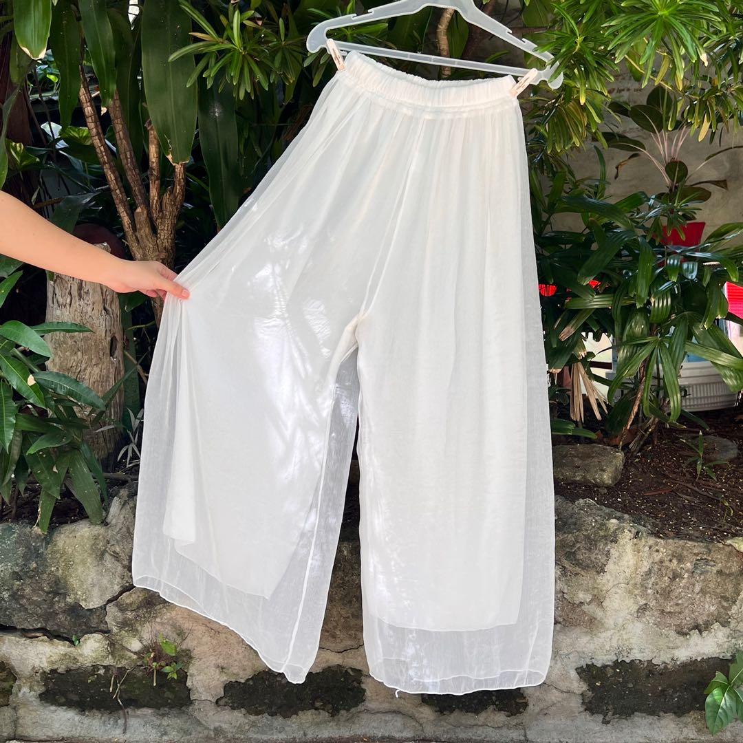 White Sheer High Waist Wide Leg Garterized Pants, Women's Fashion ...