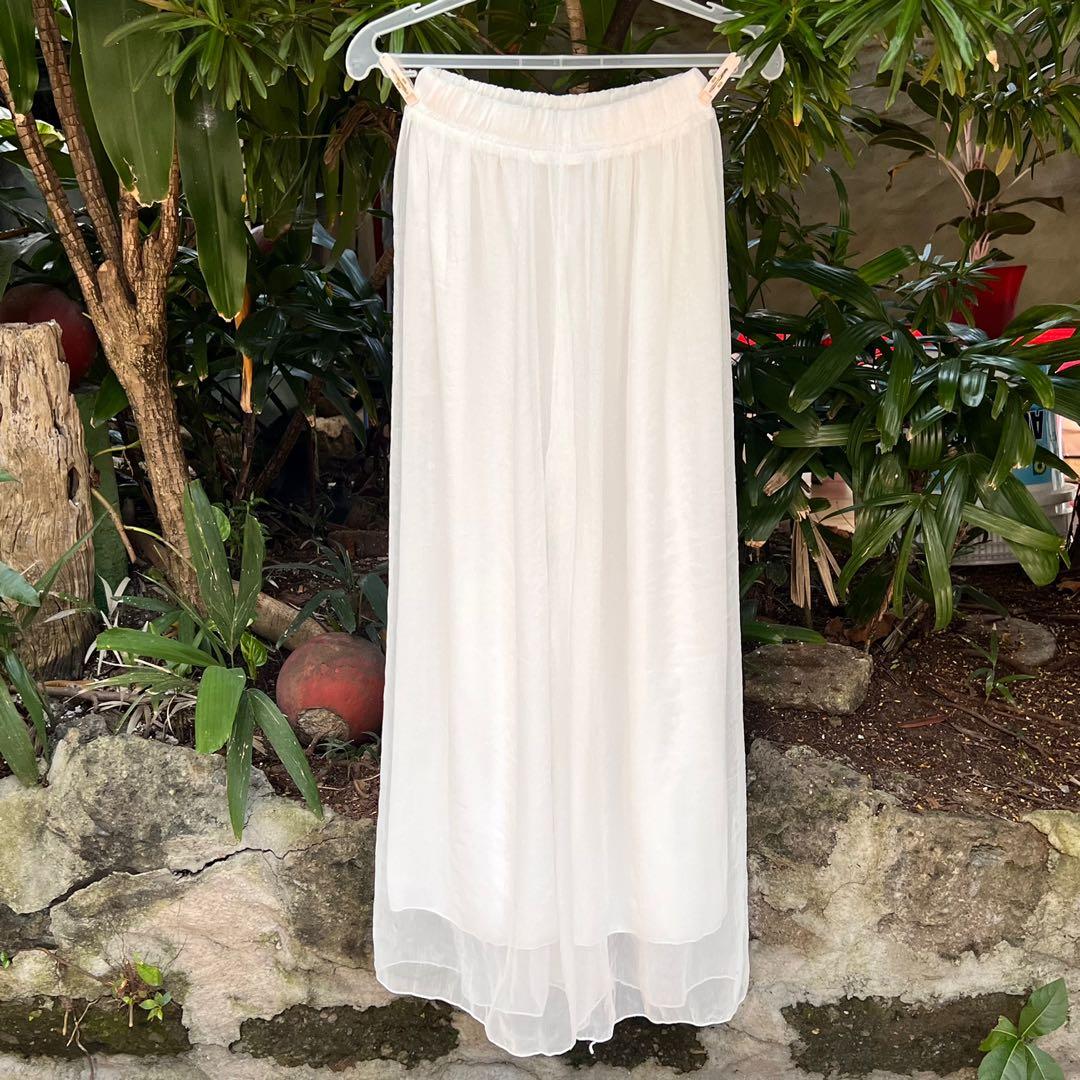 White Sheer High Waist Wide Leg Garterized Pants, Women's Fashion ...