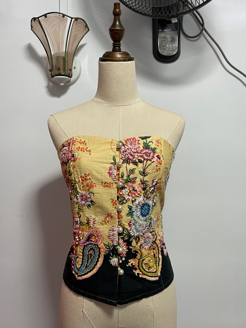 Batik heavily beaded tube top corset - Yellow, Women's Fashion, Tops ...