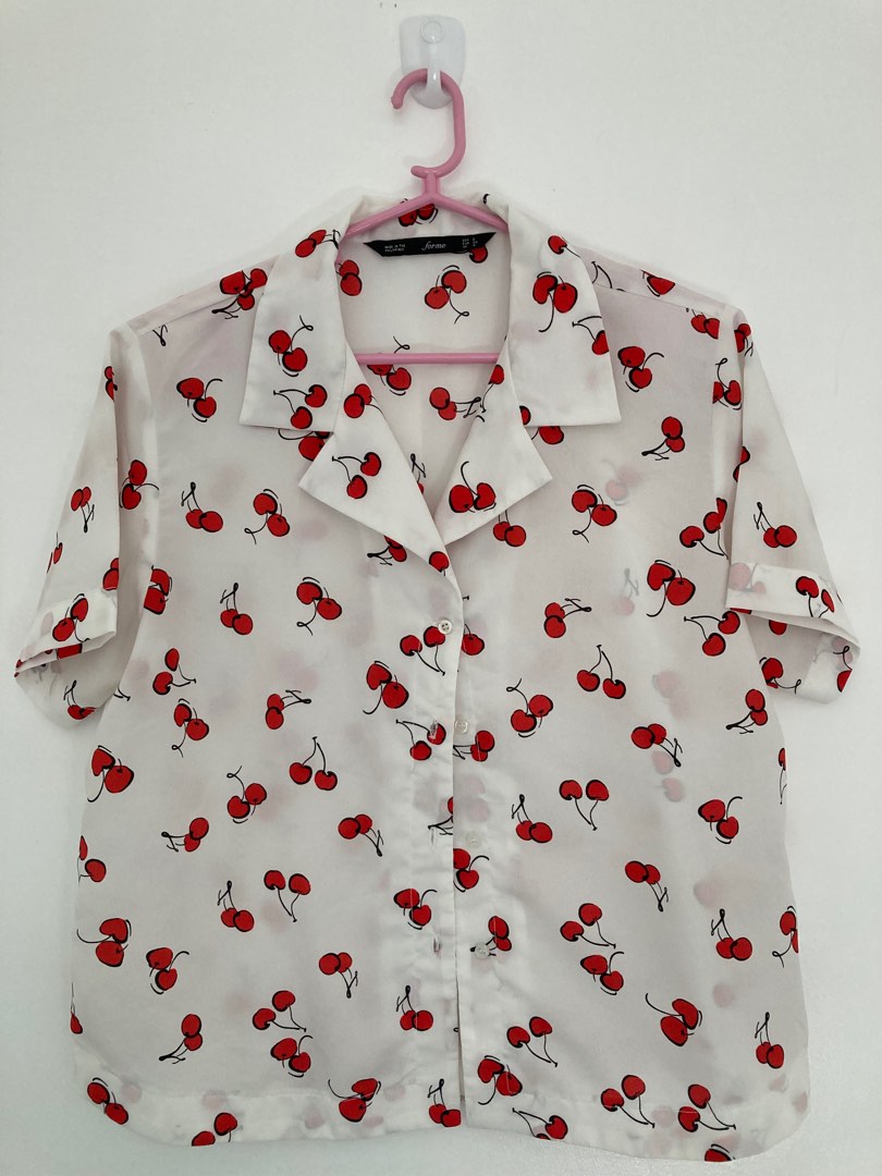 Cherry blouse and white woman long sleeve, Women's Fashion, Tops ...