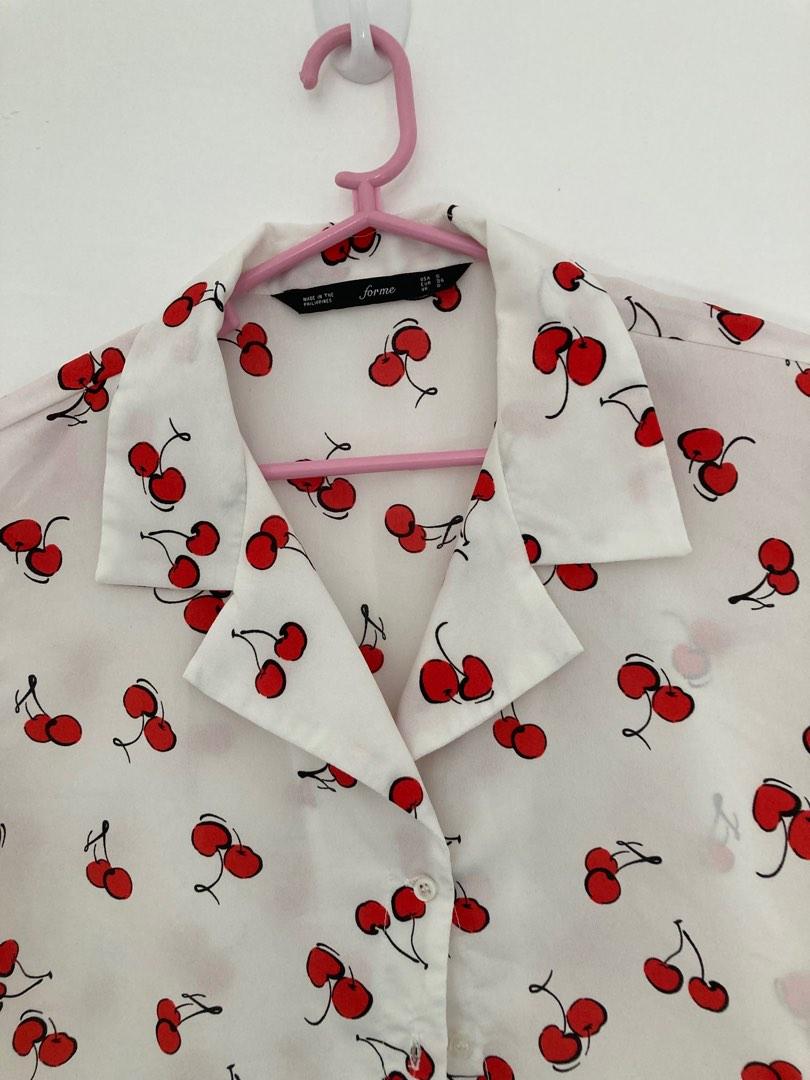 Cherry blouse and white woman long sleeve, Women's Fashion, Tops ...