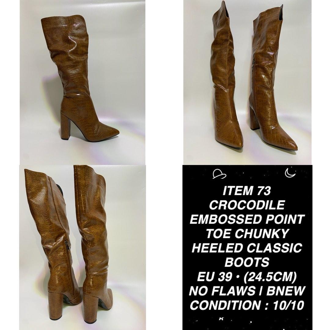 Crocodile Embossed Point Toe Chunky Heeled Classic Boots, Women's ...