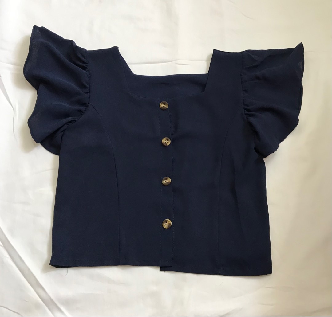 Dark Blue Ruffled Blouse, Women's Fashion, Tops, Blouses on Carousell