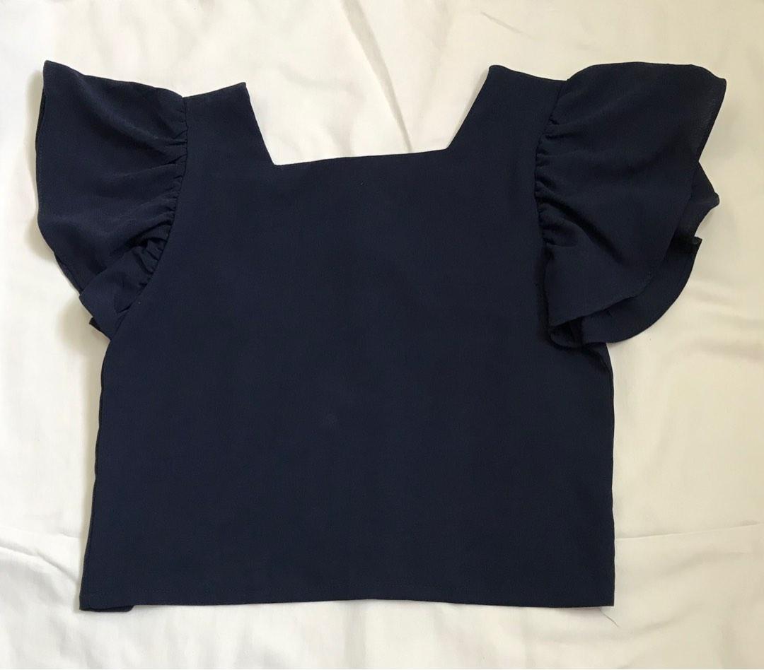 Dark Blue Ruffled Blouse, Women's Fashion, Tops, Blouses on Carousell