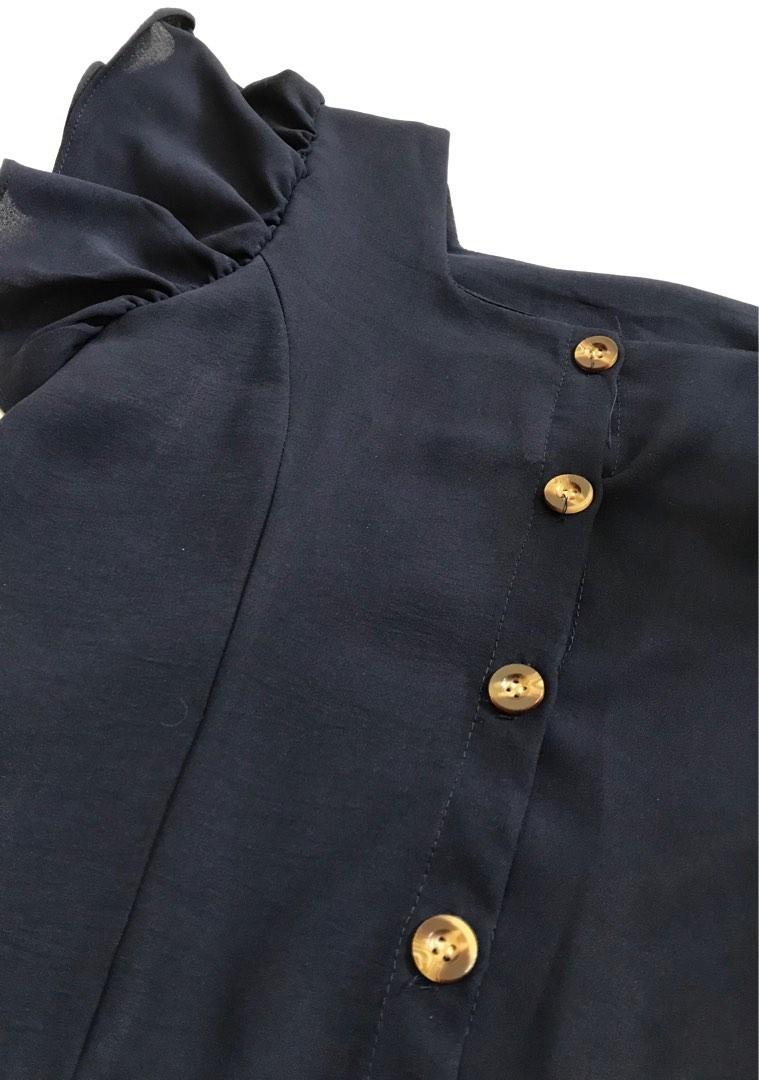 Dark Blue Ruffled Blouse, Women's Fashion, Tops, Blouses on Carousell