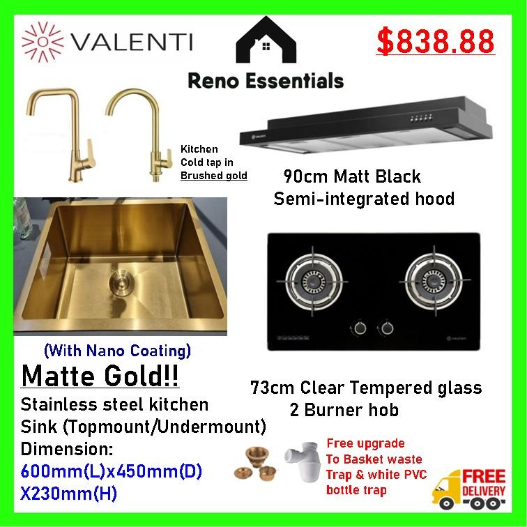 Gold Kitchen sink & tap // Cooker Hood & hob // Valenti Renoessentials ...
