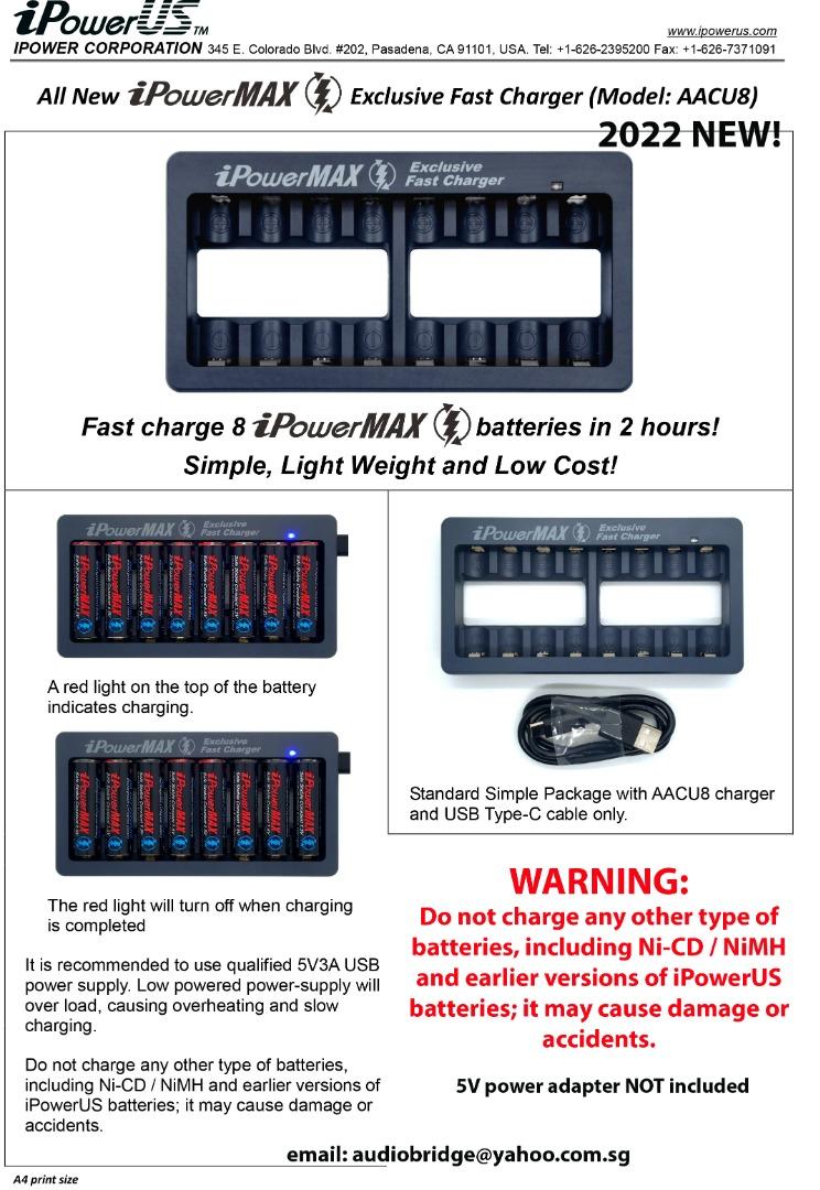 iPowerMAX AA 1.5V 3610mWh Lithium-Polymer AA size Rechargeable battery + charger combo kit ...