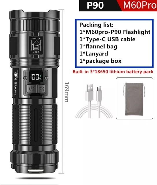 M60 Pro High Power P90+COB LED Tail Light Zoom Flashlight Built-in ...