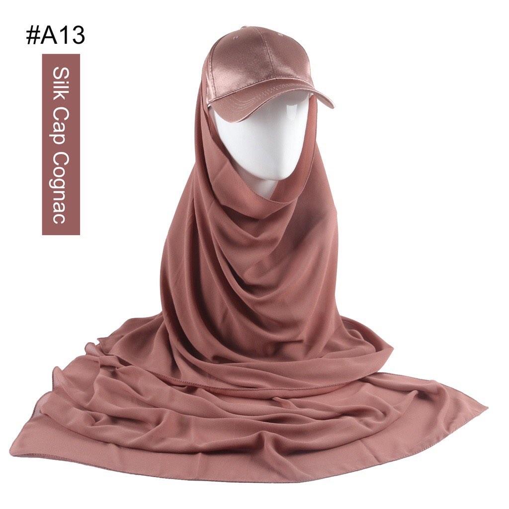 PREORDER Hijab Tudung With Satin Silk Chiffon Shawl Base Ball Cap ...