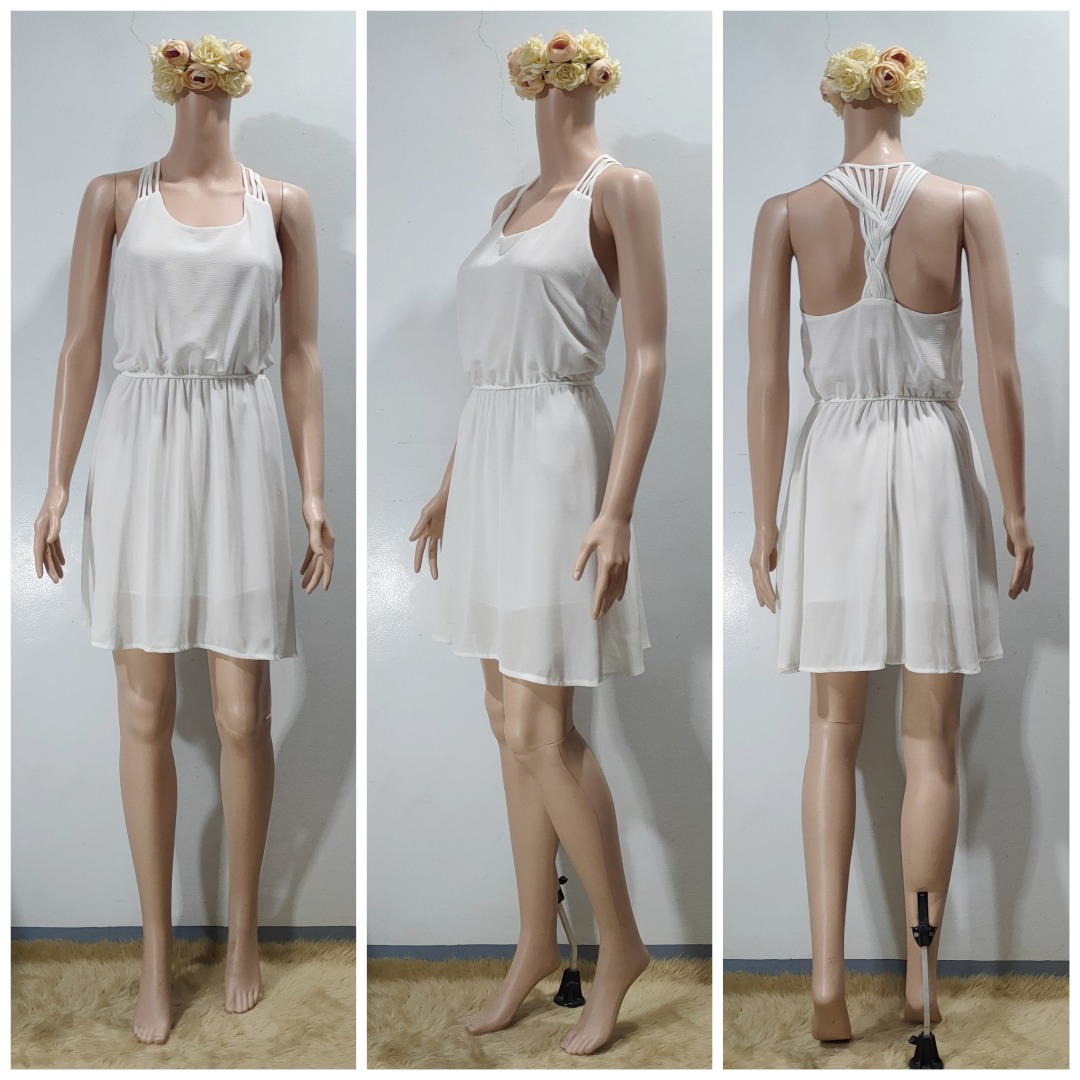 Short white racer back dress with braided back design, Women's Fashion ...
