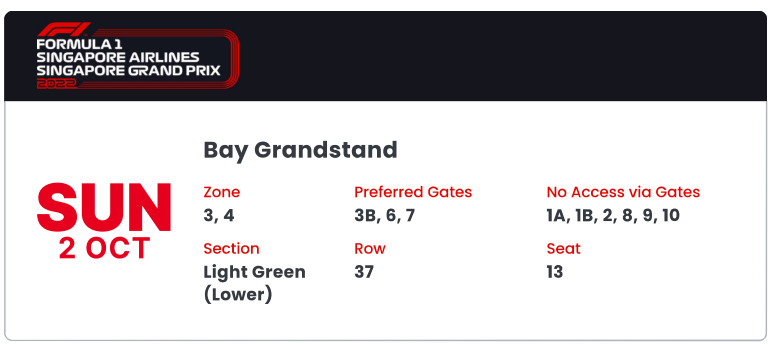[SUNDAY Bay Grandstand] Singapore F1 GP Race tickets (Green Day, Black ...