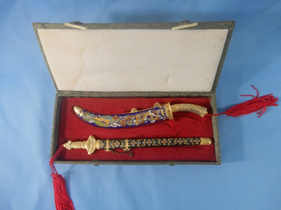 Vintage Chinese cloisonne miniature swords pair hand crafted circa mid ...