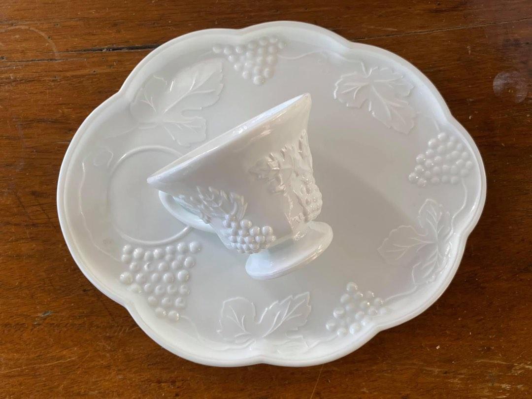 Vintage milk glass tea cup snack plate set, Furniture & Home Living ...
