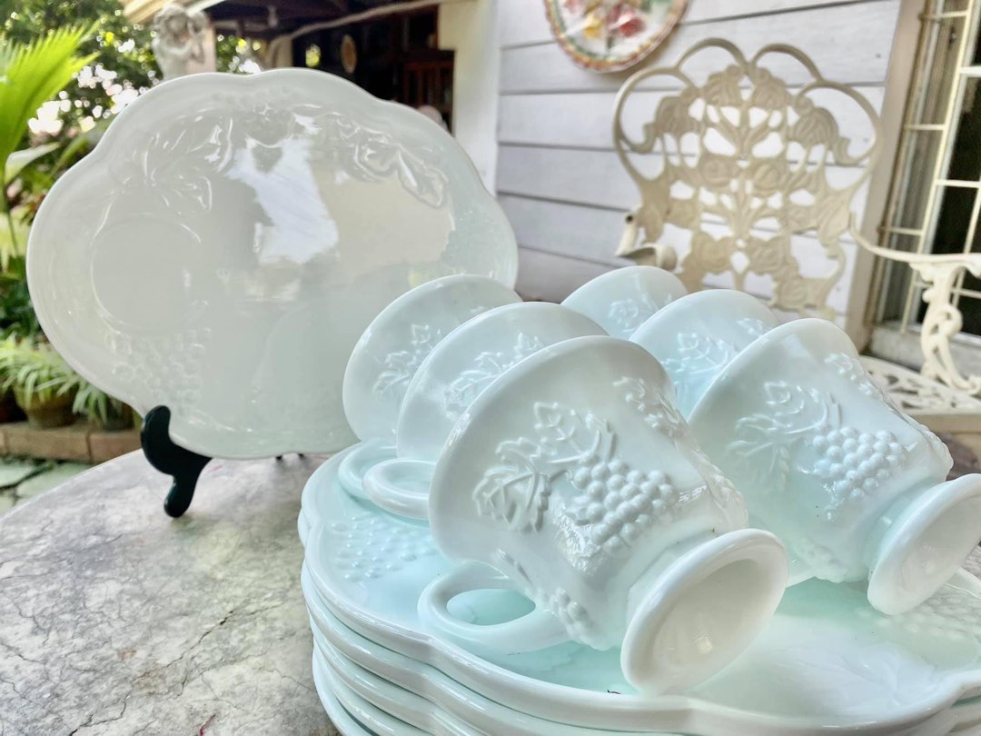 Vintage milk glass tea cup snack plate set, Furniture & Home Living ...