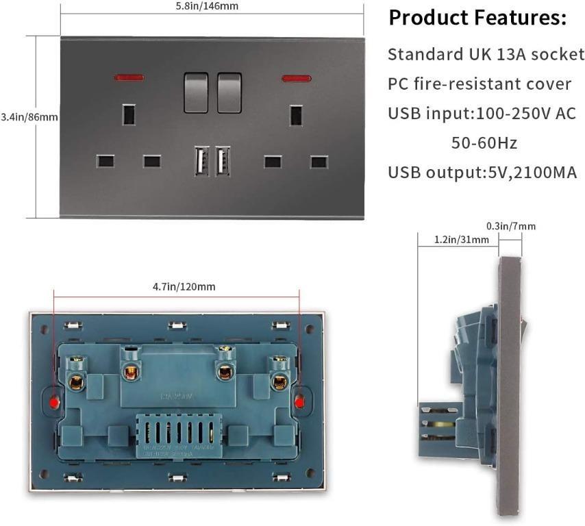 CNBINGO Double Switched Power Socket with 2 USB Charging Ports ...