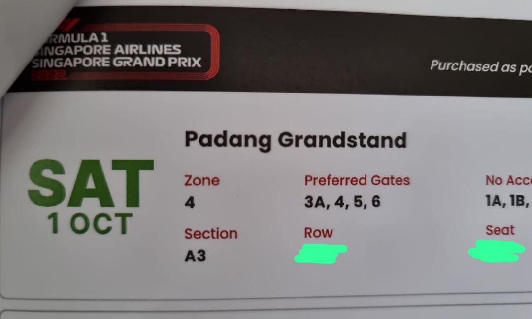 Singapore GP F1 Padang Grandstand - Saturday and Sunday, Tickets ...