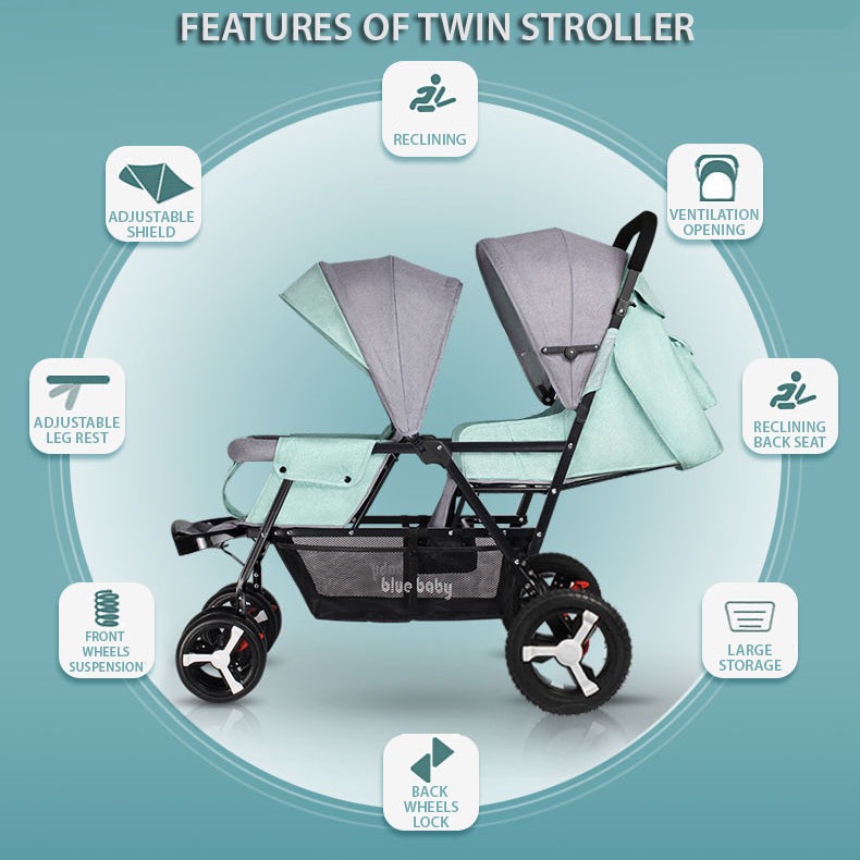 [iDS] 9.5kg Reclining Twin Stroller Double Stroller Dual Stroller Front & Back Easy Foldable Big ...