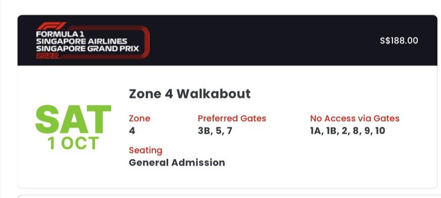 Singapore Grand Prix F1 2022 Saturday Zone 4 Walkabout Ticket, Tickets ...