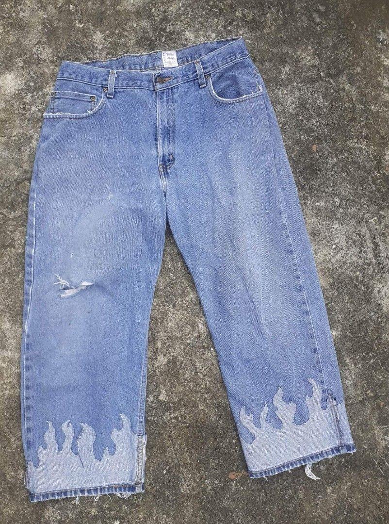 Thrifted Denim Oversized Pants with Fire Patch Design for Men and Women ...