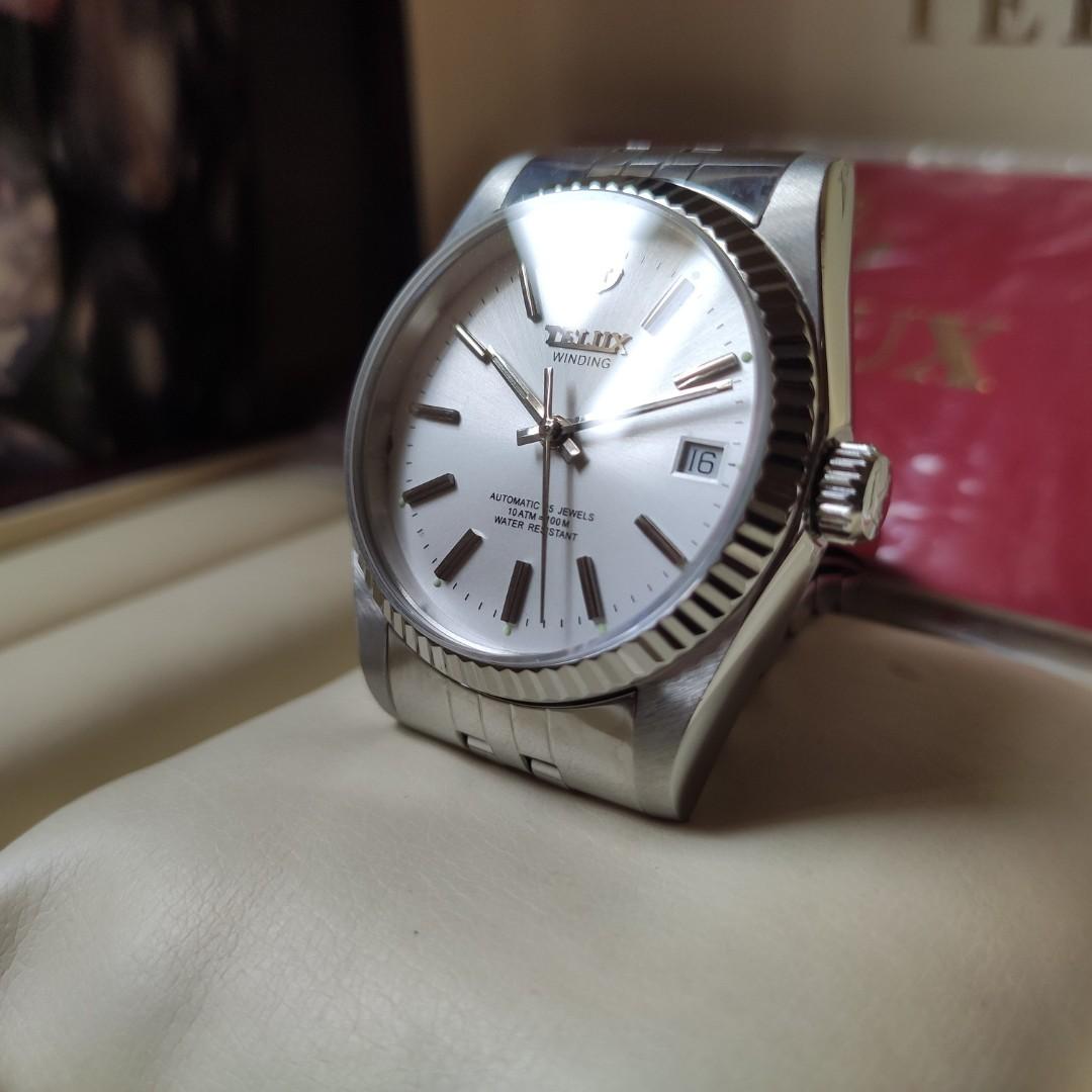 Sold 早期 Telux 鐵力士 太陽圈銀面 勞力士款 蠔式 機械錶 Datejust automatic watch 梅花titoni ...