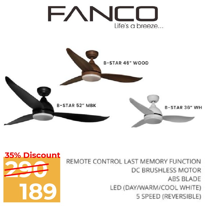 FANCO B-STAR DC Motor Ceiling Fan with 3 Tone LED Light Kit and Remote ...