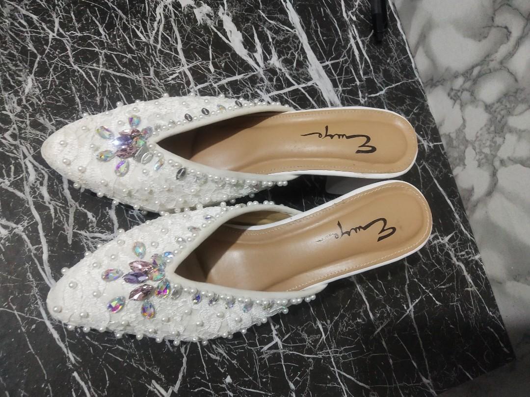 Selop sepatu putih pesta,kebaya, full payet cantik dan elegan, Fesyen ...
