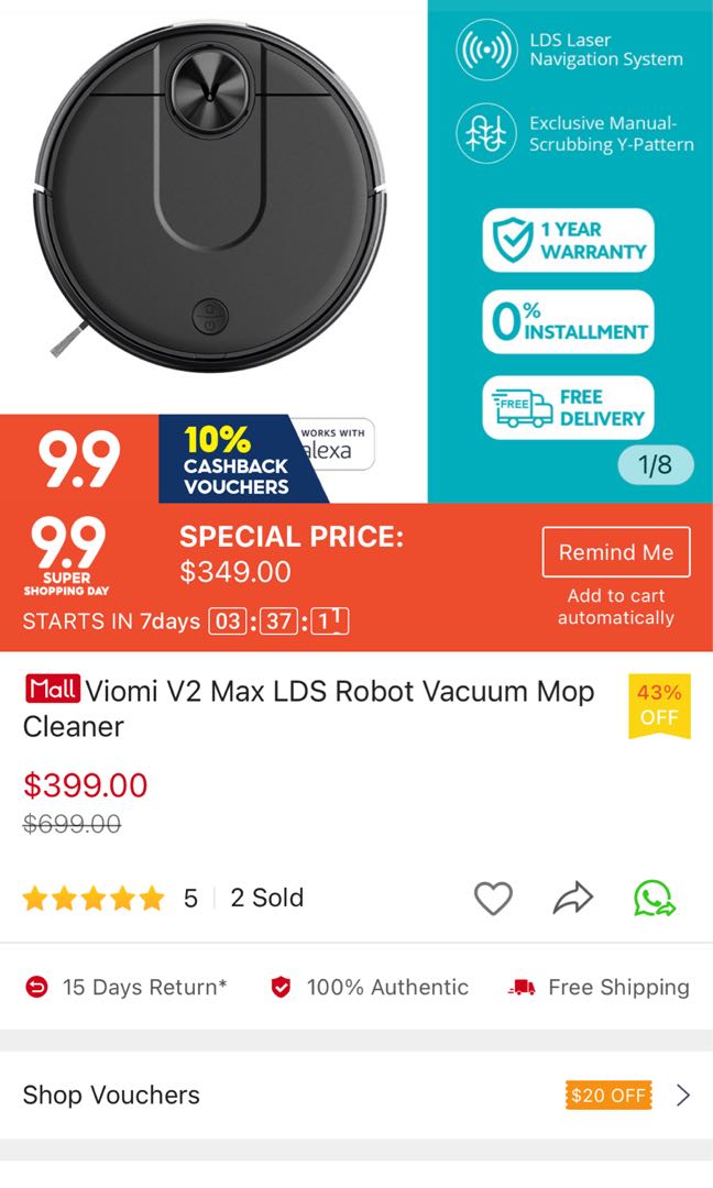 Viomi V2 Max LDS Robot Vacuum Mop Cleaner, TV & Home Appliances, Vacuum ...