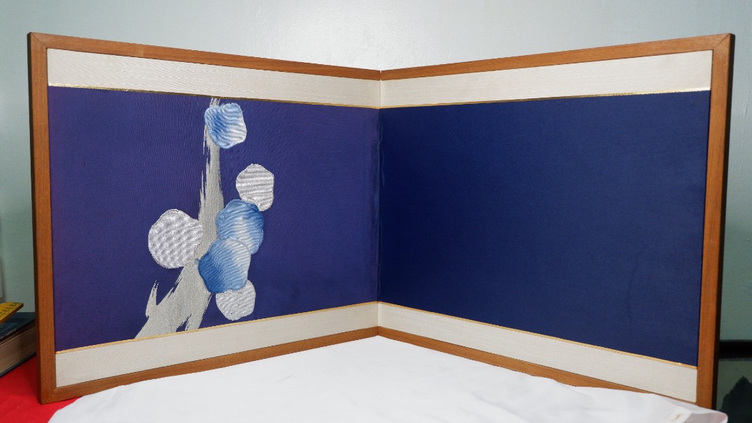 A Decorative Two Panel Silk Table Screen Partition, Chinese Flowering ...