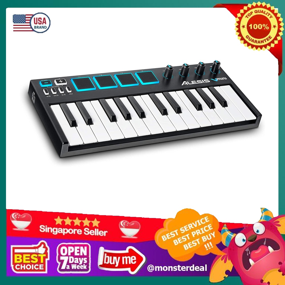 Alesis V-Mini - 25-Key USB MIDI Keyboard Controller with 4 Backlit Sensitive Pads, 4 Assignable ...