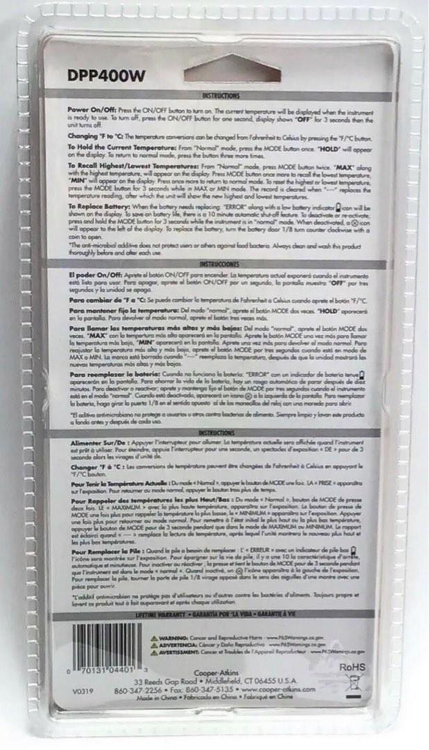 Cooper-Atkins DPP400W Digital Waterproof Pocket Probe Test Thermometer ...