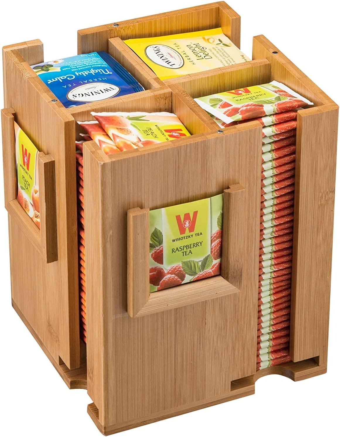 Rotating Tea Bag Caddy Organizer - Smooth Finish Solid Bamboo Teabag ...