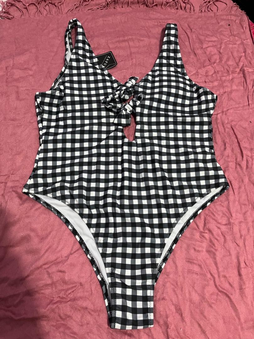 Zaful Checkered Plunging Tied Swimsuit, Women's Fashion, Swimwear ...